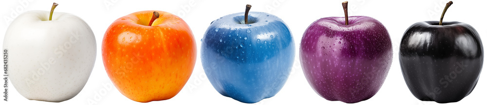 Collection of apples in strange colours (white, orange, blue, purple ...