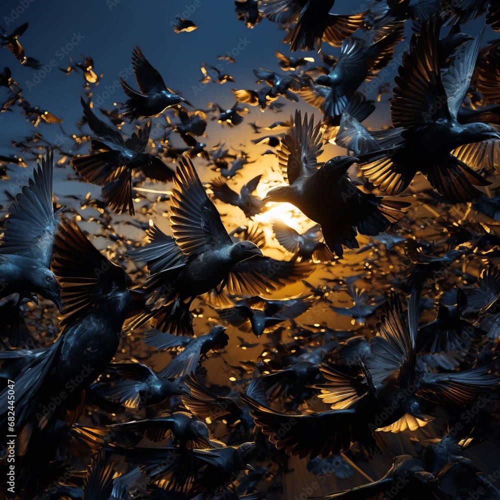 Aerial close-up color photo of huge flock of crows obscuring a misty ...