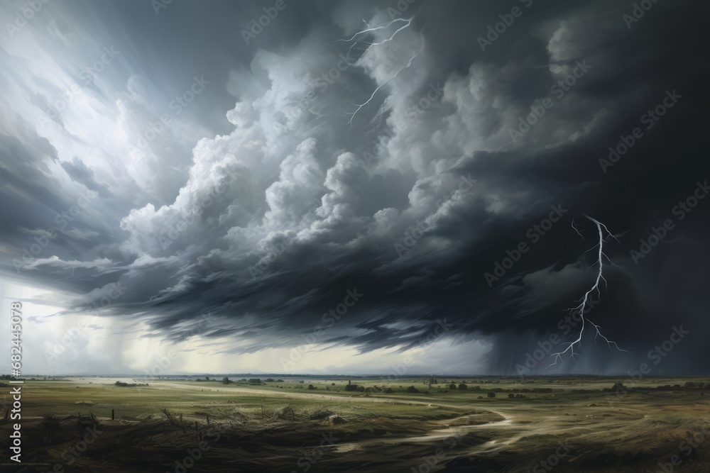 Long shot panoramic color landscape photo of an empty treeless prairie ...