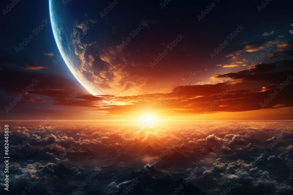 A captivating view of the sun rising above a layer of fluffy clouds ...