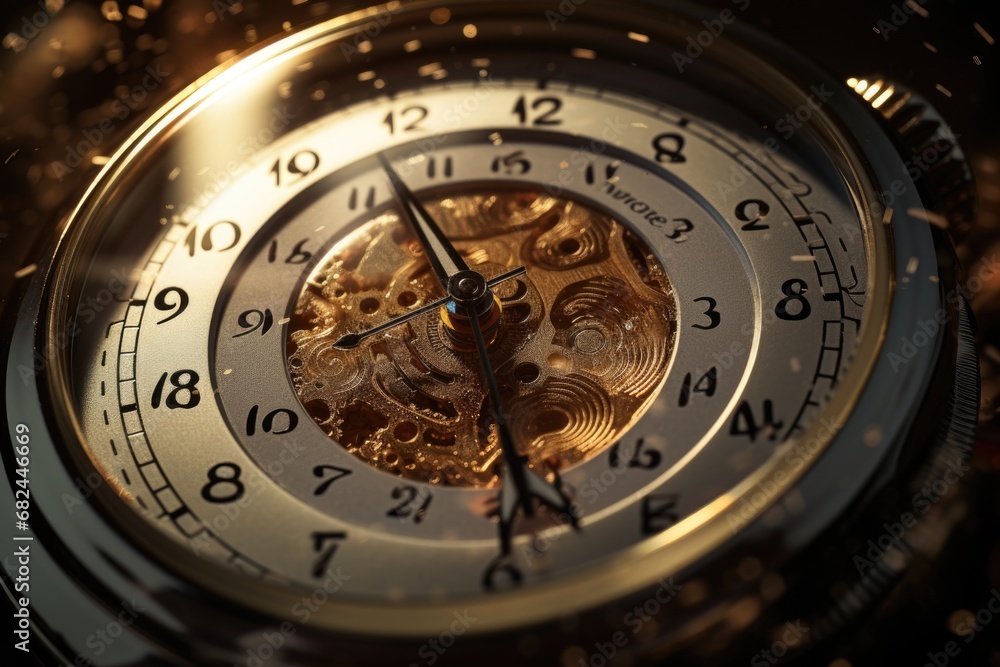 A detailed close-up shot of a clock with a gold face. This image can be ...