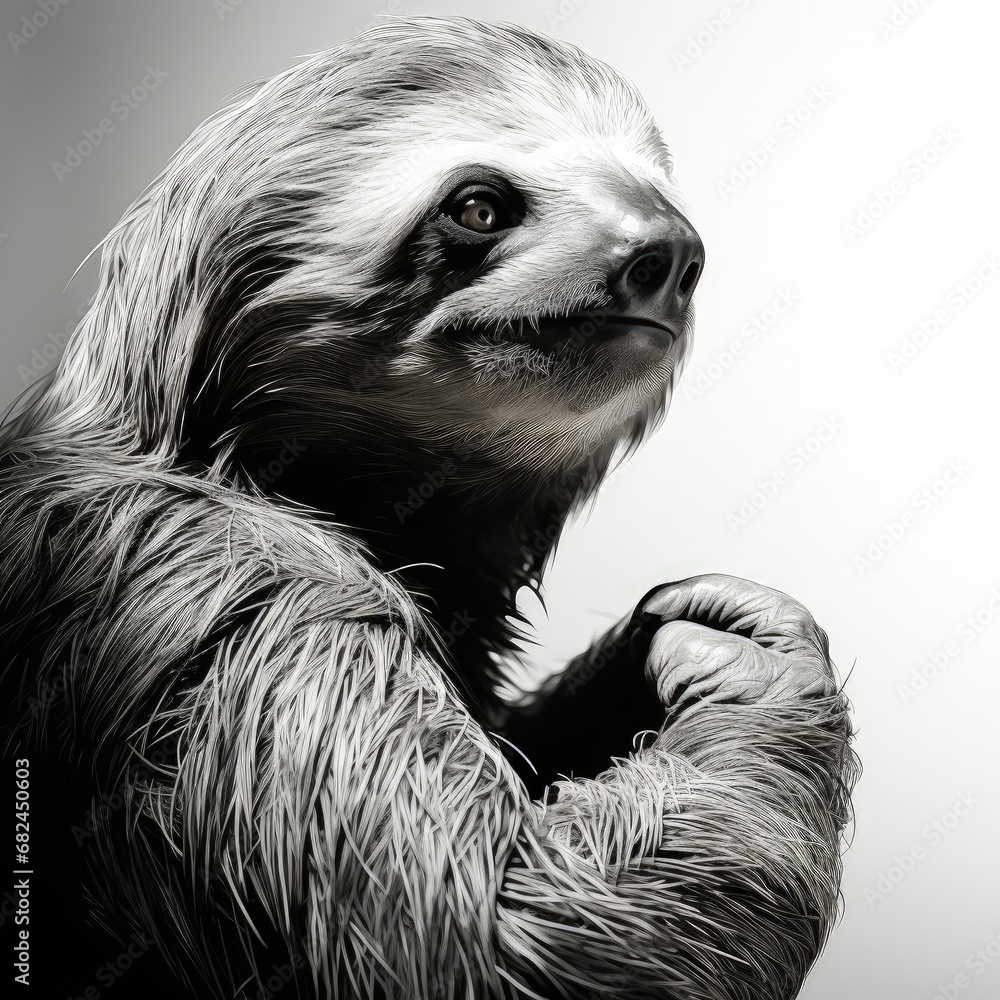 Majestic Three-Toed Sloth with Crossed Arms in Black and White Stock ...