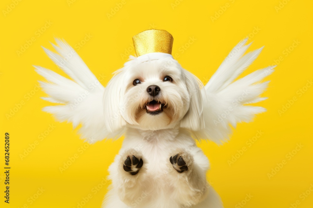 white Maltese dog dressed as an angel with a sparkling crown, wings ...