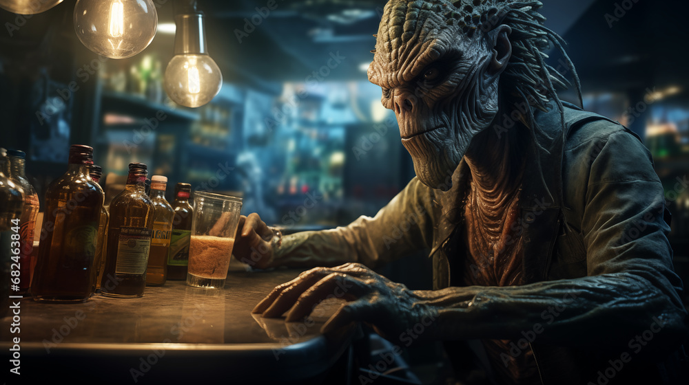 Futuristic photo of a happy friendly alien works as a bartender and ...