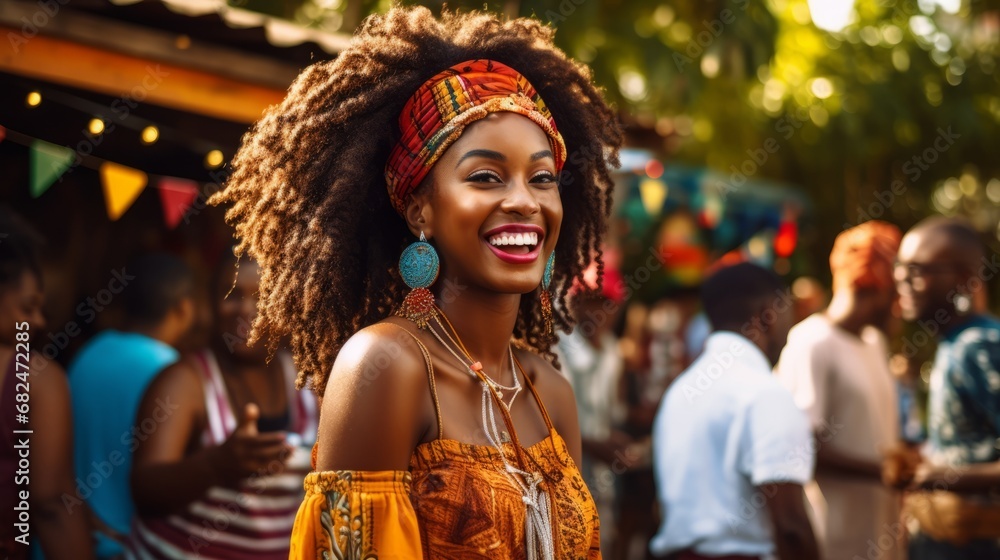 Happy African woman wearing costume during a Caribbean style festival ...