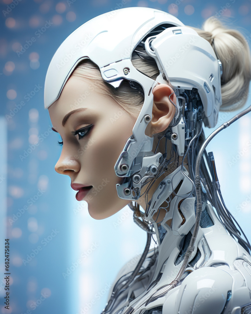 robot woman looks like a human on blue blurred background. Copy space ...