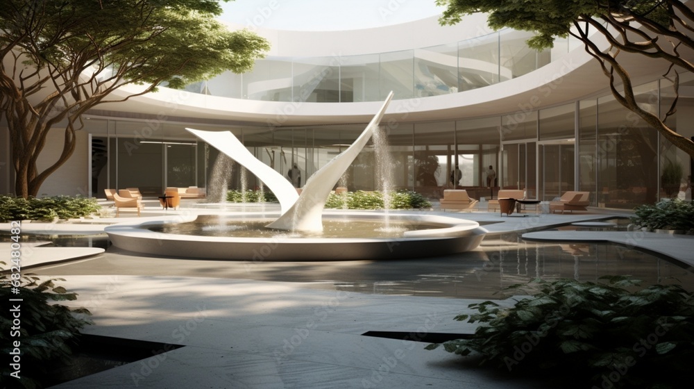 an elegant image of a corporate office courtyard with a contemporary ...