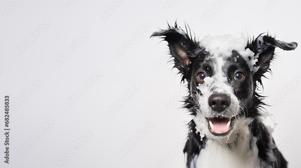 happy black wet dog taking bath with soap foam on his head . white ...