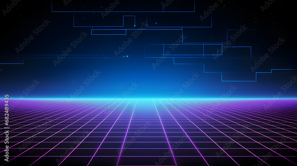 Retro technology background with squares on the ground with neon lights ...
