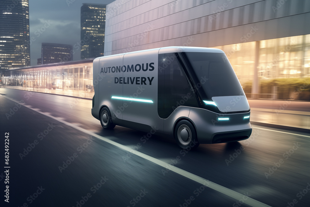Futuristic autonomous delivery van on a city street. integration of ...
