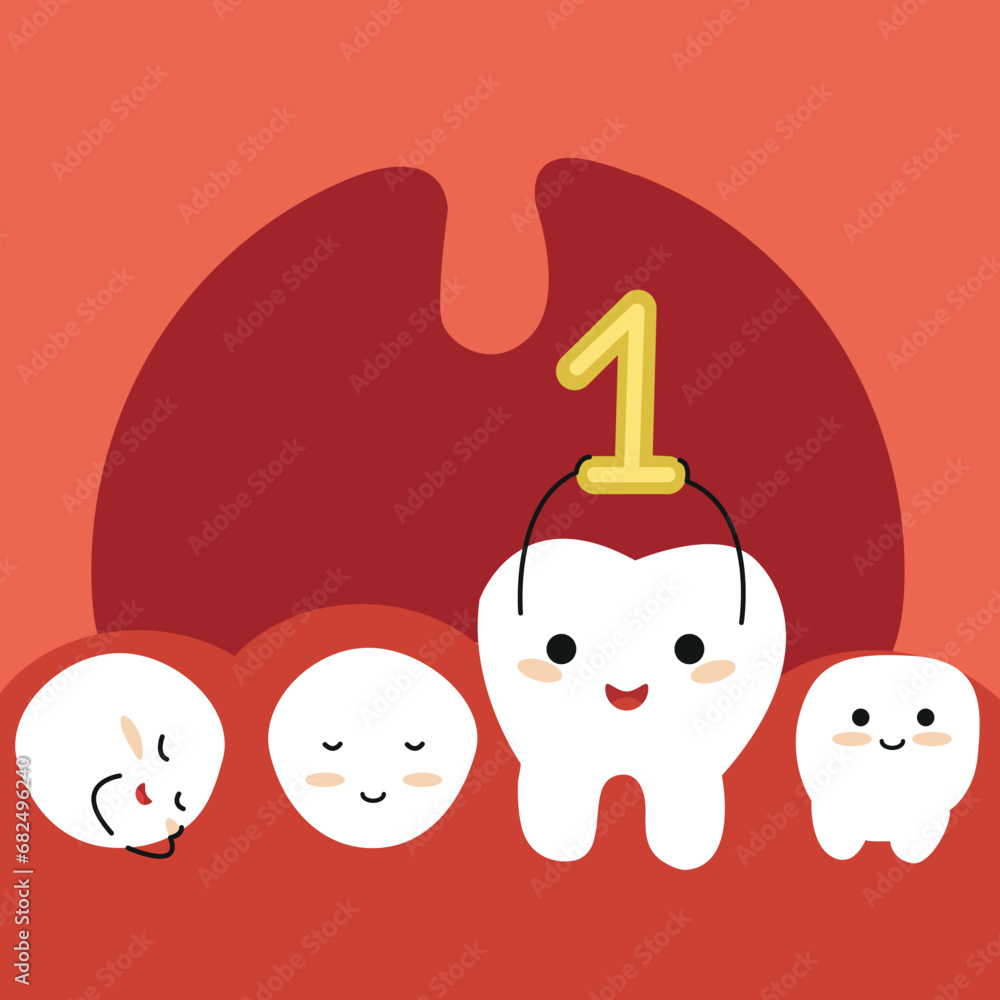My first tooth. Teeth grow funny characters, tooth in dental gum ...