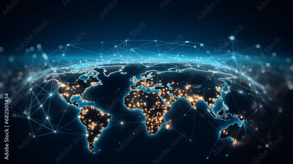 global network diagram with connections over world map in dark ...