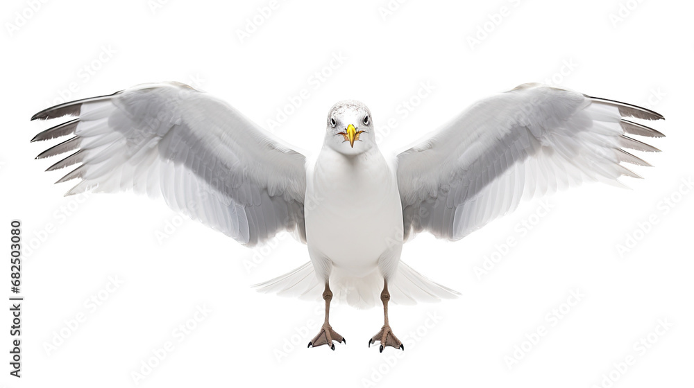 a Common seagull in-flight, front view in an isolated and transparent ...