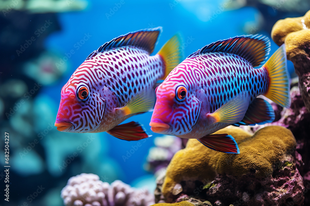 beautiful underwater scenery with various types of fish and coral reefs ...