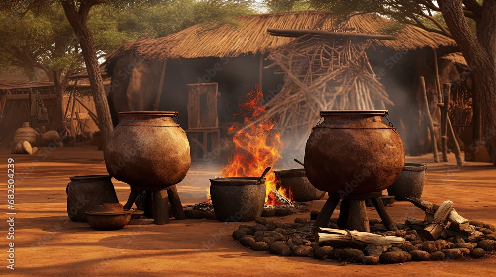 Few traditional African three legged pots by the wood fire cooking ...