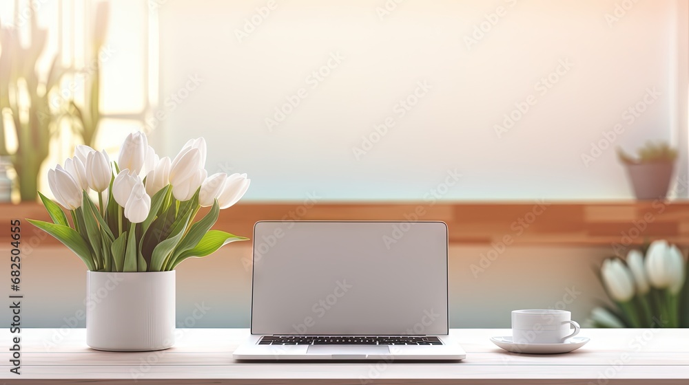 Laptop computer white blank screen on work table front view. Home ...