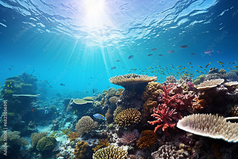 beautiful underwater scenery with various types of fish and coral reefs ...