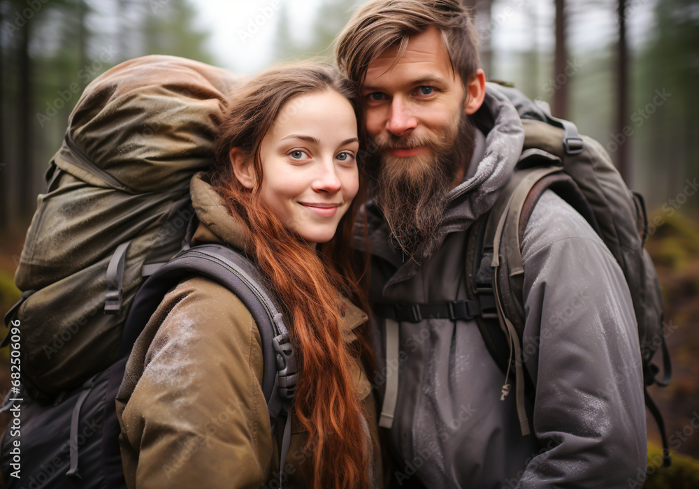Couple in the forest with backpacks for camping. AI generated Stock ...