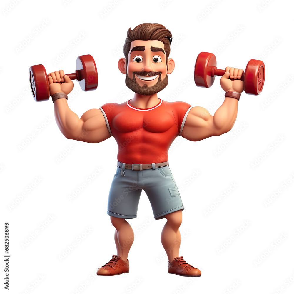 Handsome cartoon fit character man in red t-shirt make exercise with ...