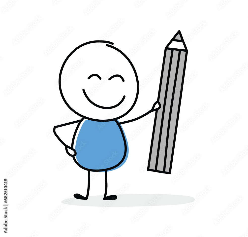 Funny cartoon stickman holding pencil icon. Hand drawn design for a ...