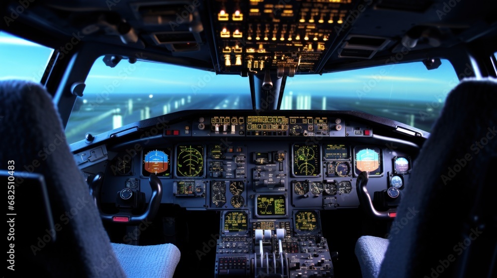 cockpit of an airplane, showing the instruments and controls up close ...
