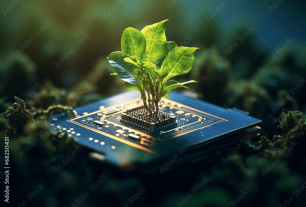 Foto de the idea of a digital plant growing into an electronic circuit ...