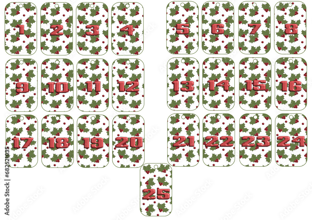 25 Christmas advent calendar labels - holly colour, size 3x5 mm ...