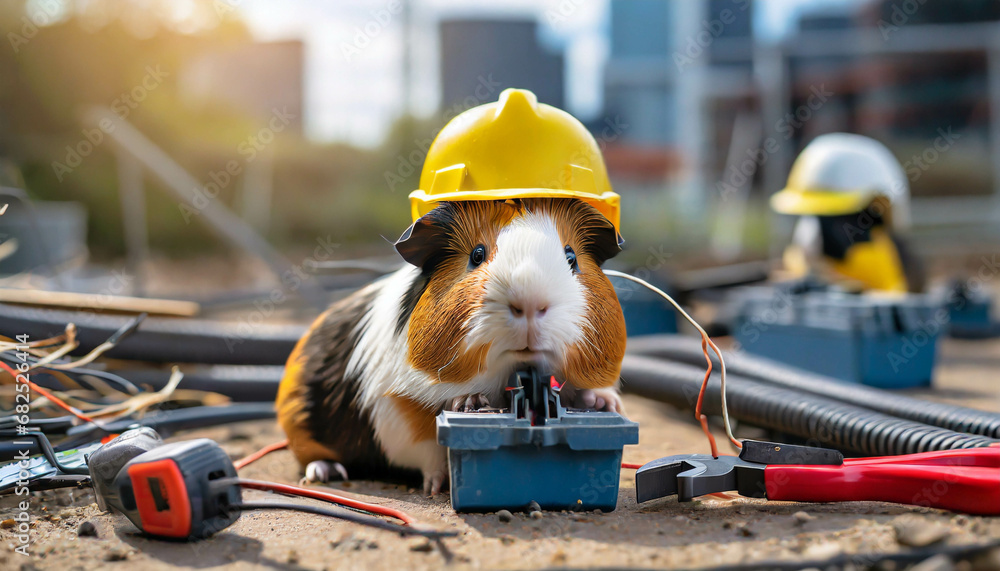 Electrician at work on construction site. Guinea Pig wearing helmet ,ai ...