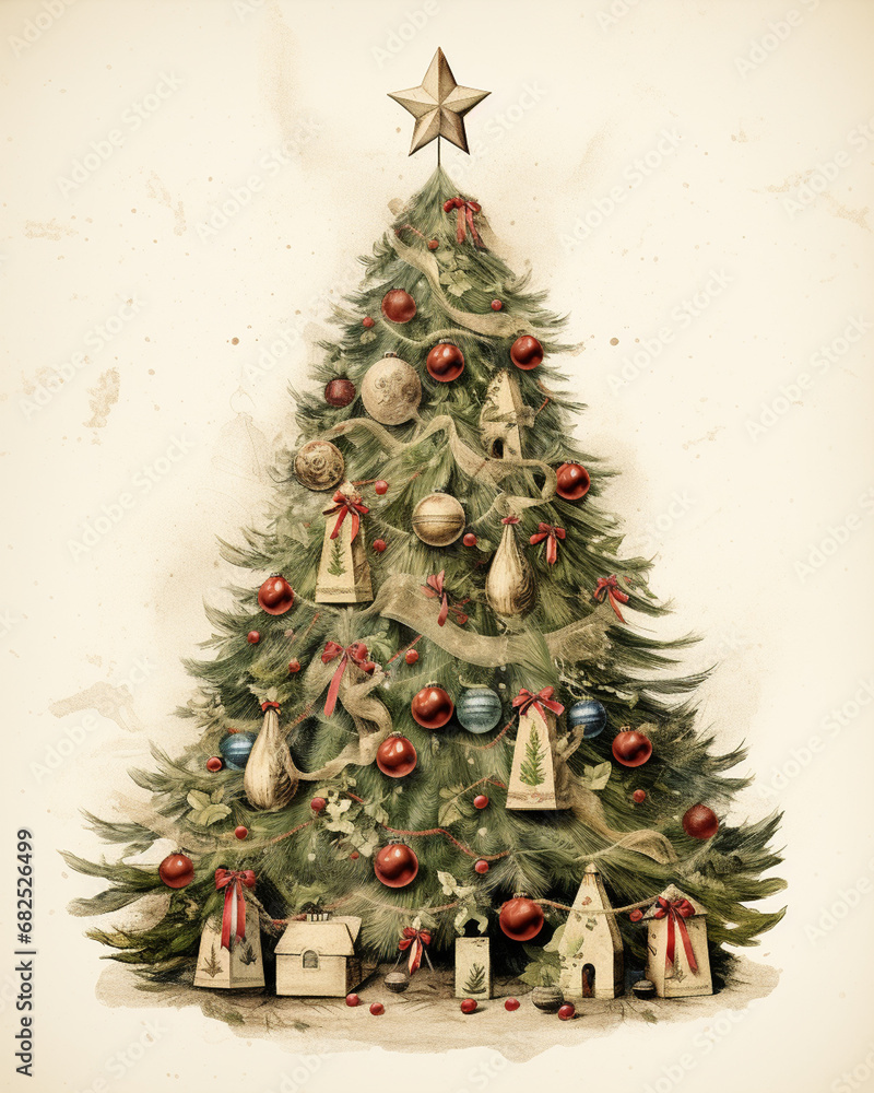 Vintage Christmas Tree Illustration with Bows, Ornaments, Garland, and ...
