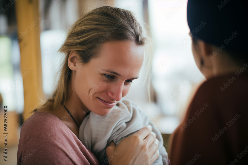 An emotional embrace between two people, with a focus on a woman's face ...
