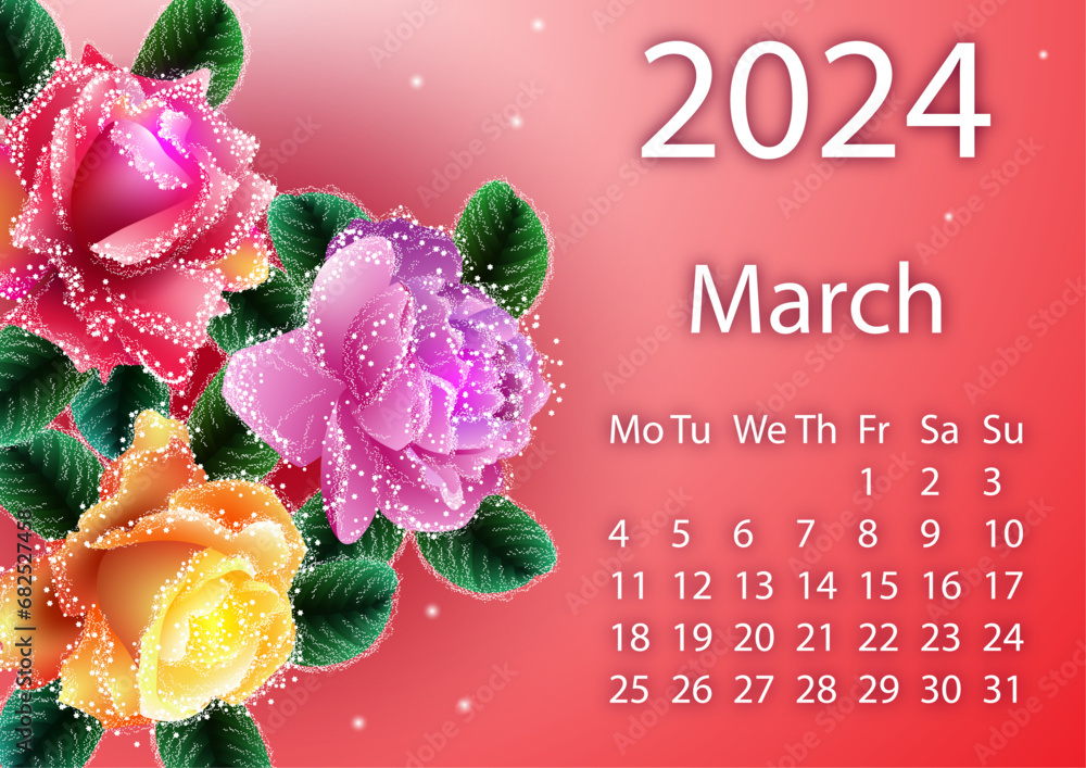 Calendar design for the month of March 2024. A4 format, vector ...