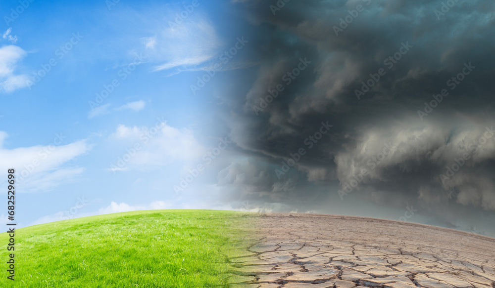 Beautiful green grass field with a tree and a desert with dead earth ...