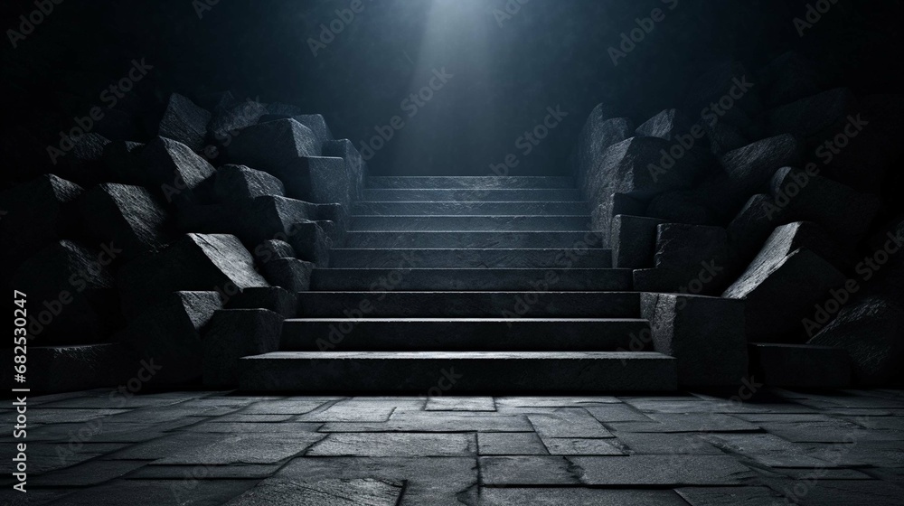 Black background. Stone stairs with abstract light. Steps in the ...