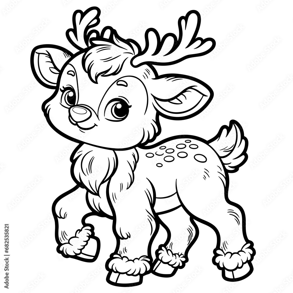 Small reindeer with antlers, Chistmas winter themed, coloring book page ...