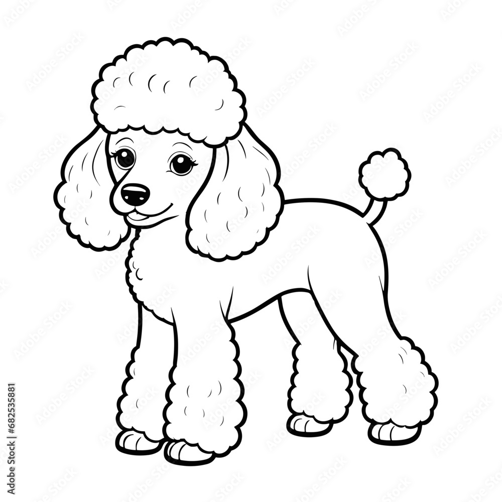 Poodle dog with fluffy poofy hair, pet animal theme, coloring book page ...