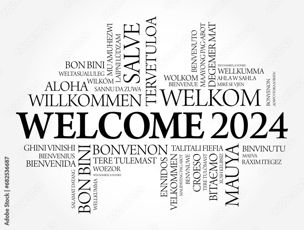 WELCOME 2024 word cloud in different languages, conceptual background ...