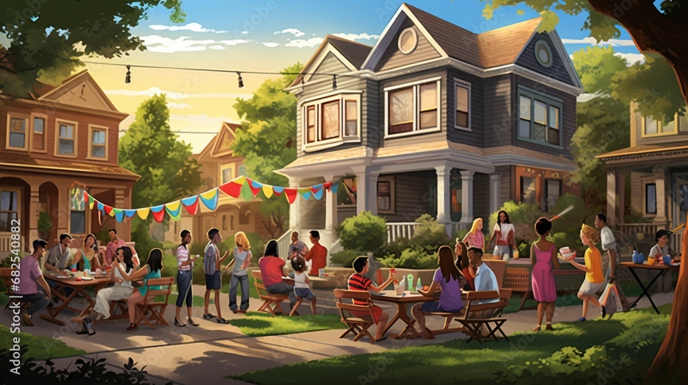 Illustrate a neighborhood gathering where neighbors of all ages and ...