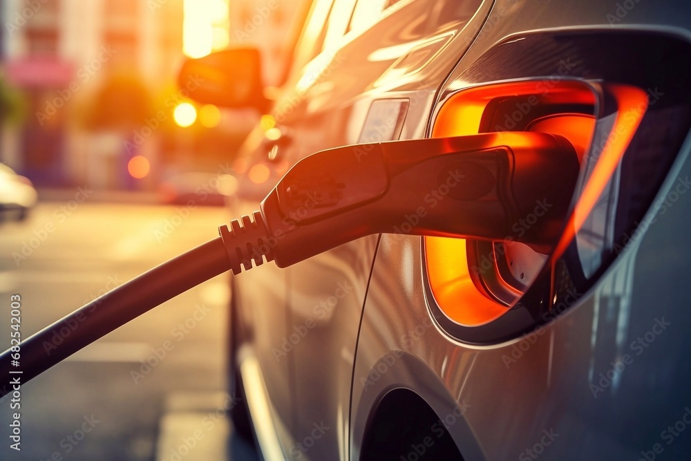 Charging an electric car with the power supply plugged into an electric ...