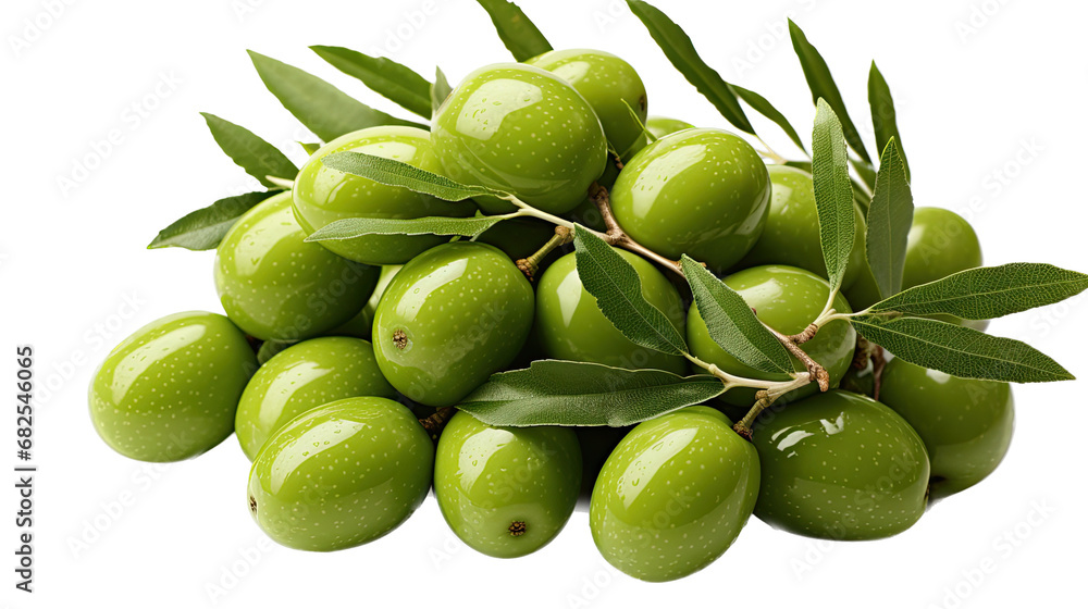a bunch of Green Olives with leaves, fresh and crisp in an isolated and ...