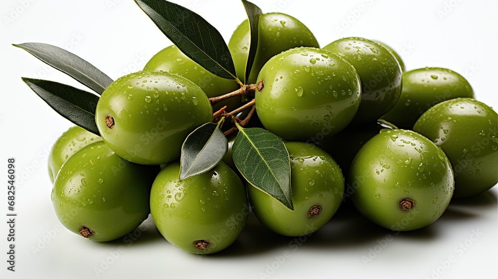 a bunch of Green Olives with leaves, fresh and crisp in an isolated and ...