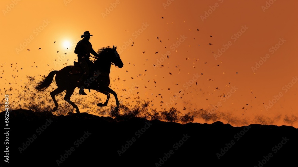a horizontal format of a cowboy silhouette on horseback at sunset in a ...