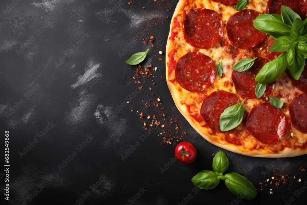 a hot pepperoni pizza with fresh basil on a slate black background and ...