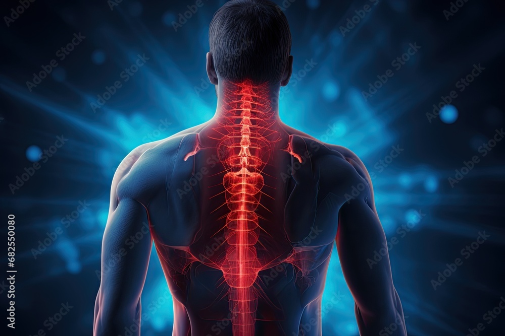 an illuminated backbone on a young man using technology to detect ...