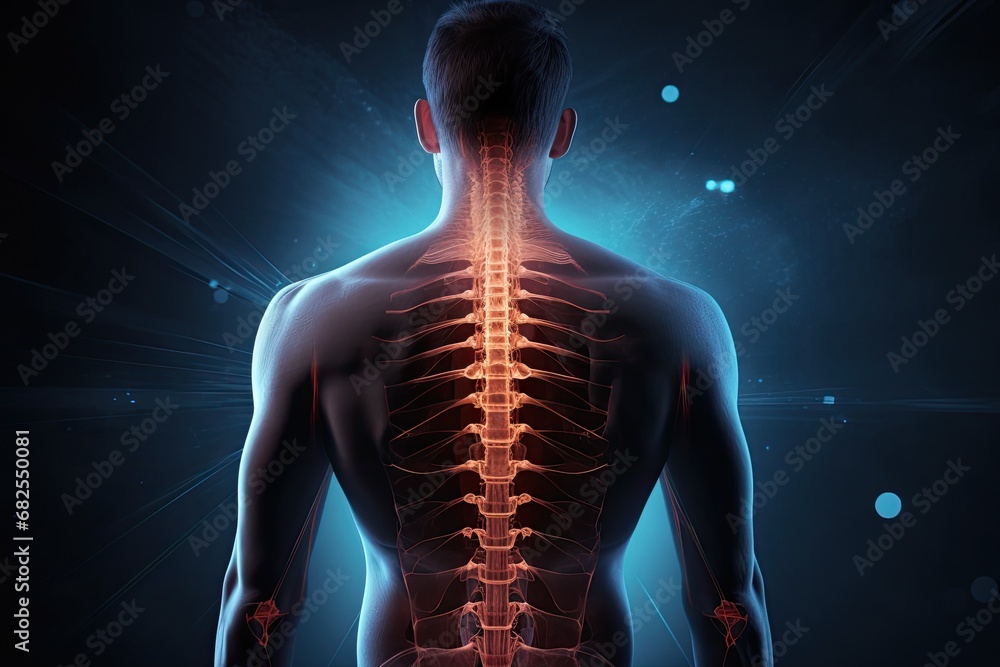 an illuminated backbone on a young man using technology to detect ...