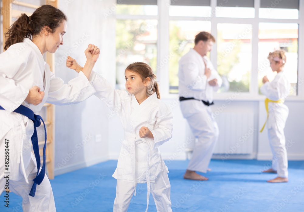 Parent with child partners during martial arts karate class train to ...