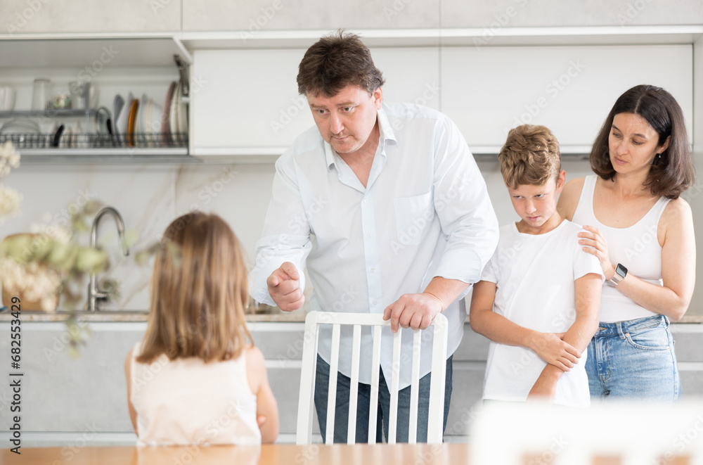 At home in kitchen, parents scold their daughter for careless act ...