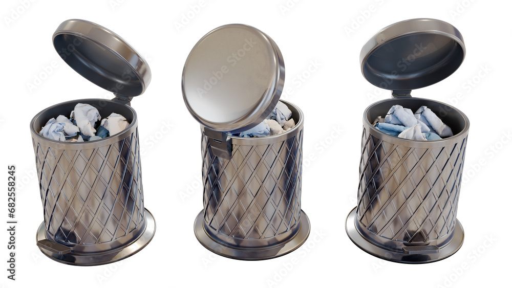 Metallic open garbage trash pin design 3d illustration from different ...