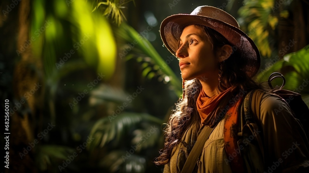 Wildlife enthusiast Brazilian woman in the heart of a rainforest ...