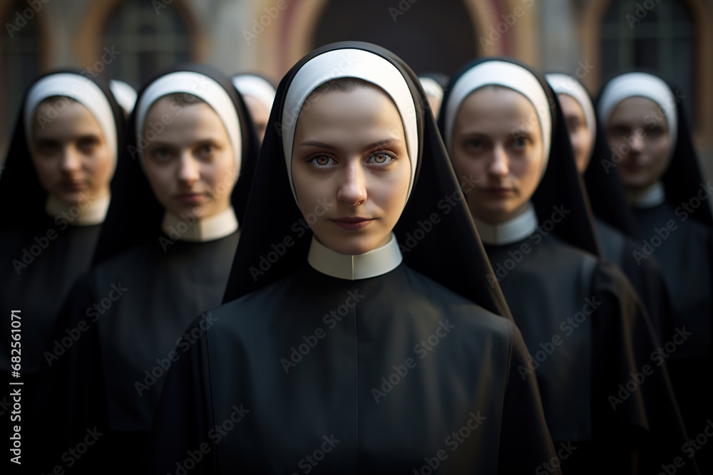 Group of nuns of the Servants of the Lord religious order standing in ...