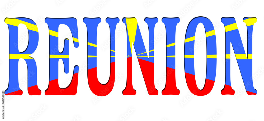 3d design illustration of the name of Réunion. Filling letters with the ...